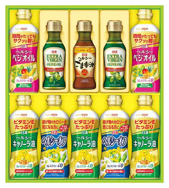　　☆☆☆ 商品詳細 ☆☆☆ ●セット内容／日清ヘルシーキャノーラ油350gPET×3、日清ヘルシーオフ350gPET×2、日清エキストラバージンオリーブオイル145g瓶×2、日清ヘルシーごま香油145g瓶×1、日清ヘルシーベジオイル350...
