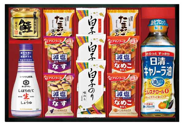 　　☆☆☆ 商品詳細 ☆☆☆ ●セット内容／日清キャノーラ油400g、キッコーマンしぼりたて生しょうゆ200ml、白子のり味のり（8切5枚）×3、アマノフーズ減塩いつものおみそ汁（なす9.0g・なめこ8.0g）×各2、たまごスープ6.4g×...