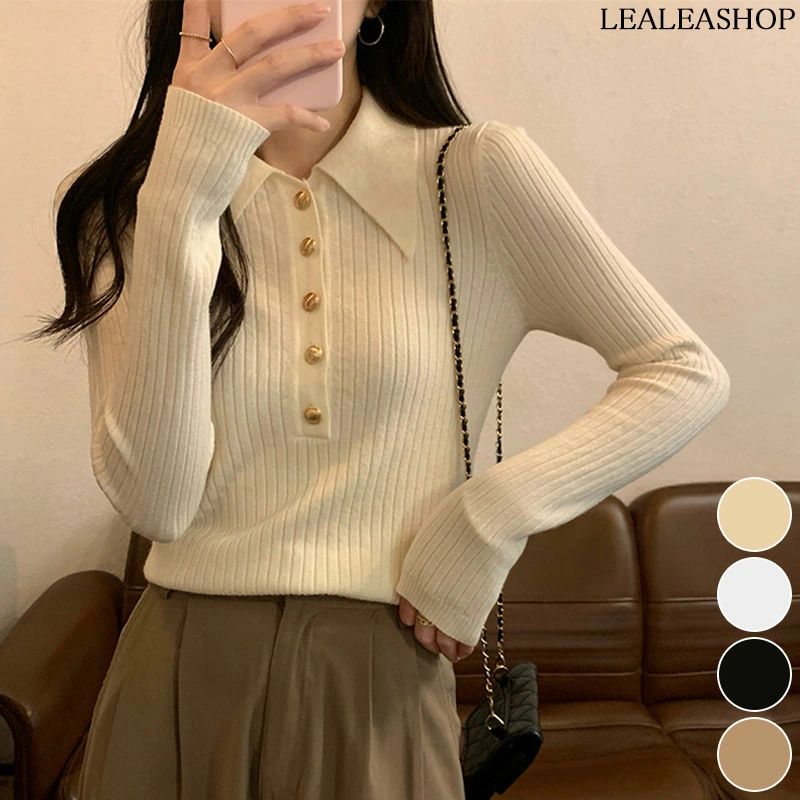 トップス ニット リブニット セーター 襟付き ボタン レディース 秋 冬 春 vネック リブ 長袖 金ボタン 上品 シンプル カジュアル ブラック金ボタンポロニット 女性らしいシルエットと華やかな金ボタンで、デイリーにもオフィスにも映える...