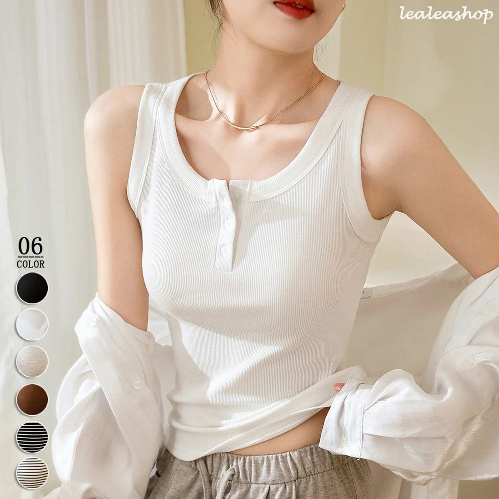 接触冷感 涼しい タンクトップ レディース 春 夏 Uネック 前ボタンタンクトップ しインナー ボーダー柄 キャミソール トップス サマーニット リブタンクトップ 定番 重ね着 伸縮性 通気性 着回し カジュアル 綿 送料無料 2025SS...