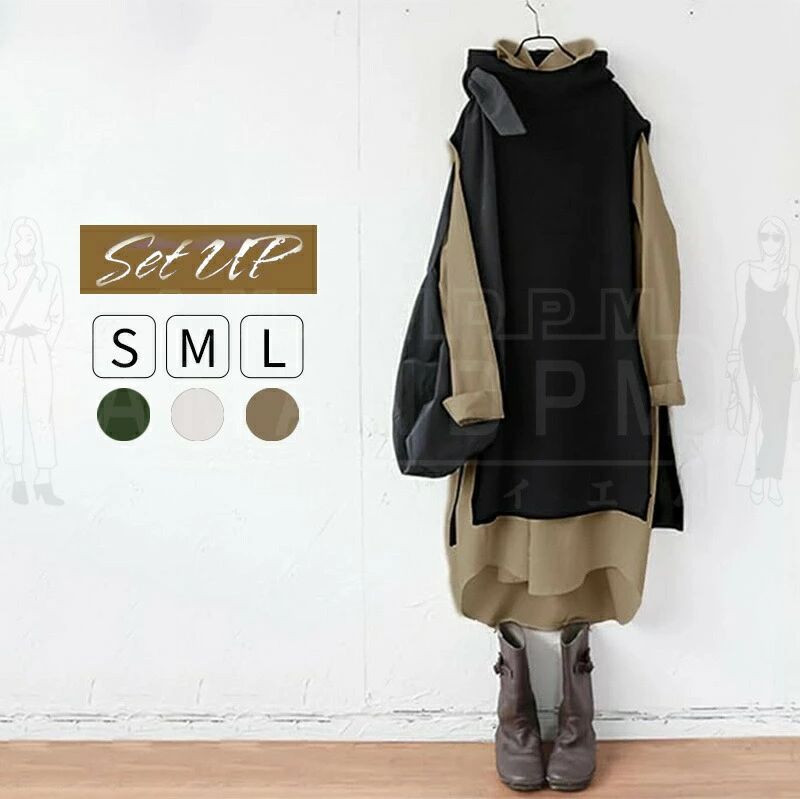 サイズ詳細： ワンピース S：着丈107-112/バスト98/袖丈55/肩幅41 M：着丈108-113/バスト102/袖丈56/肩幅42 L：着丈109-114/バスト106/袖丈57/肩幅43 ベスト S：着丈76/肩幅36 M：着丈7...