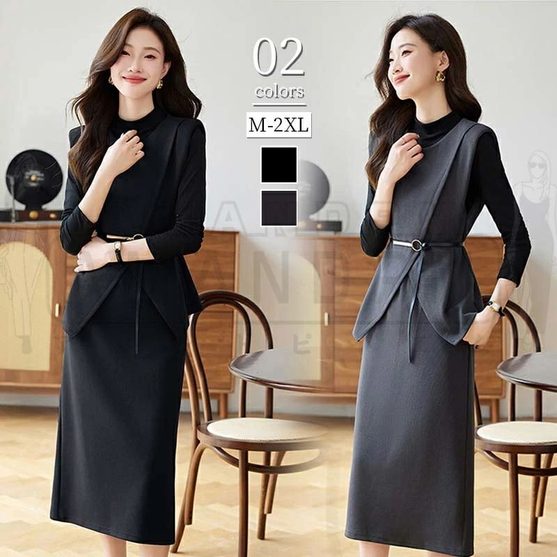 フィット感： ボディラインにフィット、快適で負担のかからない着心地。 デザイン： ベスト＋インナー＋スリットロングスカートの組み合わせ。シンプルで洗練されたエレガントなスタイル。 ディテール： ベルトでウエストを絞り、ユニークなカットが美し...