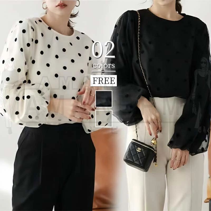 サイズ F：バスト110cm　肩幅28cm　袖長55cm　着丈61cm 関連キーワード シャツ レディース バルーンスリーブトップス チュール レディース ドット柄 チュール ボリューム袖切り替え カットソー プルオーバー Tシャツ 異素材...
