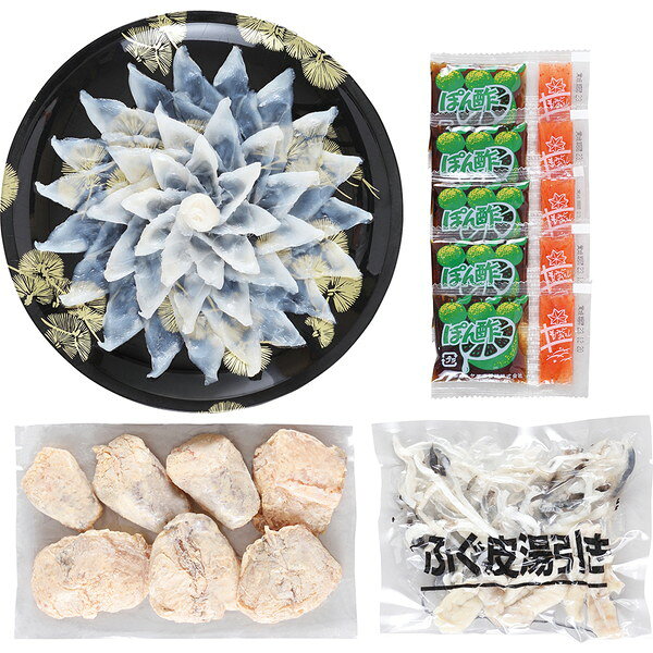 ●内容／とらふぐ刺身60g（22cmプラ皿）、ふぐ唐揚げ200g、とらふぐ身皮100g、味付けポン酢14ml×5、もみじおろし3g×5　　※お申し込み期間：7月27日（日）迄※配送不可地域：離島