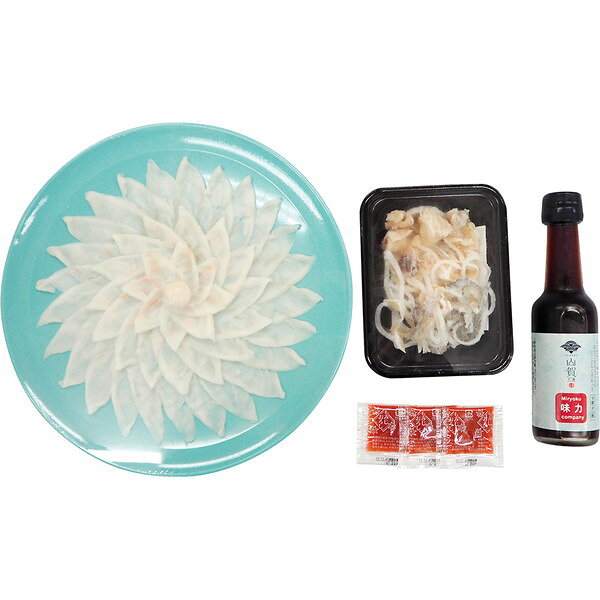 ●内容／天然トラフグ刺身80g（プラ皿27cm）、トラフグ皮刺し50g、ポン酢150ml、もみじおろし5g×3※お申し込み期間：7月27日（日）迄●賞味期限／冷凍30日