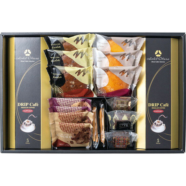 ●内容／マドレーヌ（プレーン・チョコ）×各3、レーズンサンド・レーズンクッキー・チョコチップクッキー・ドリップ珈琲リッチマイルド40g（8g×5袋）×各2個、ブラウニー（ネーブル・ドライフルーツ＆ナッツ）・チョコレートケーキ×各1個