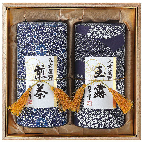 ●内容／八女星野特上煎茶100g 玉露100g　藍染缶×2