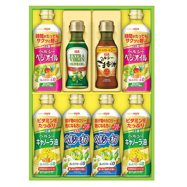 ●内容／日清オリーブオイル145g、ヘルシーごま香油145g×各1、ヘルシーベジオイル350g、ヘルシーキャノーラ油350g、ヘルシーオフ350g×各2●原産国／日本●外箱サイズ／42.5×30.8×6.5cm