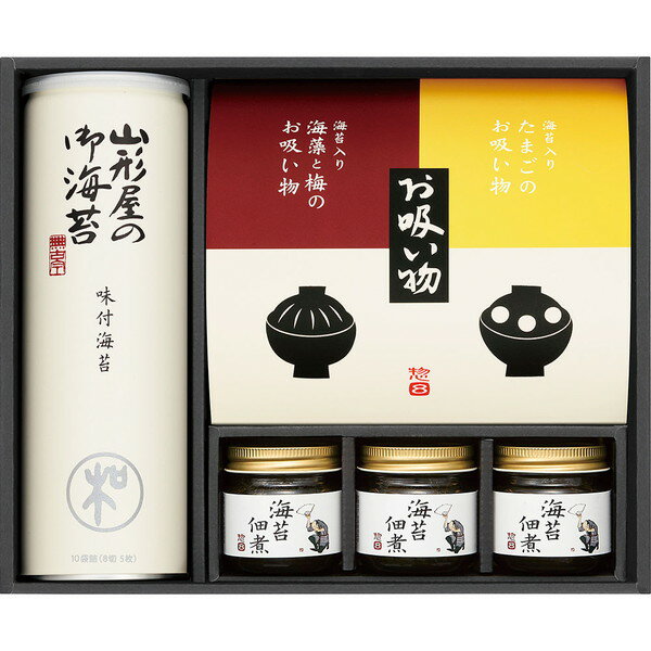 ●内容／味付海苔　10袋詰（8切 5枚） 　海苔入りたまごのお吸い物・海苔入り海藻と梅のお吸い物　各4袋　　海苔佃煮60g詰×3●原産国／日本●外箱サイズ／24.2×29.5×8cm