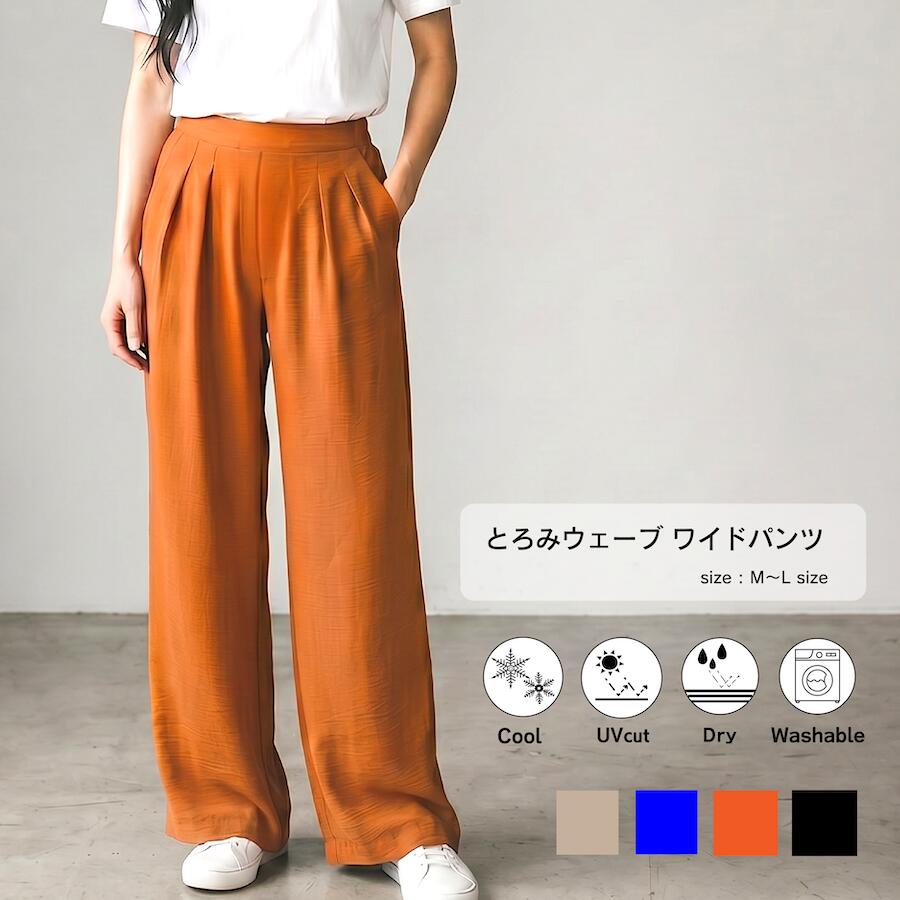 【品番】 350-4261 【商品名】 とろみウェーブワイドパンツ 【デザイン】 サラサラとした優しい生地感、 いわゆる"オチ感"が特徴的なワイドパンツです。 触るとひんやり感じる接触冷感機能の他に、 UVカット・吸水速乾機能を備えたおズボ...