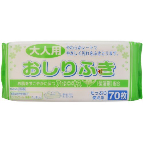 パッケージ個数:1・内容量:70枚・サイズ:約200*220mm・お肌をすこやかに保つアロエエキスを配合した大人のおしりふきです。