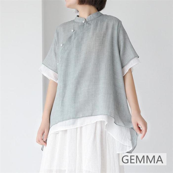 Tシャツ レディース トップス カジュアル チャイナ風シャツ お洒落 無地 半袖 ブラウス カットソー 体型カバー カジュアル 薄手 太極拳　サイズ フリー 着丈63/72 バスト112 肩幅36 袖丈25 袖口36素材 綿混※サイズは、実...