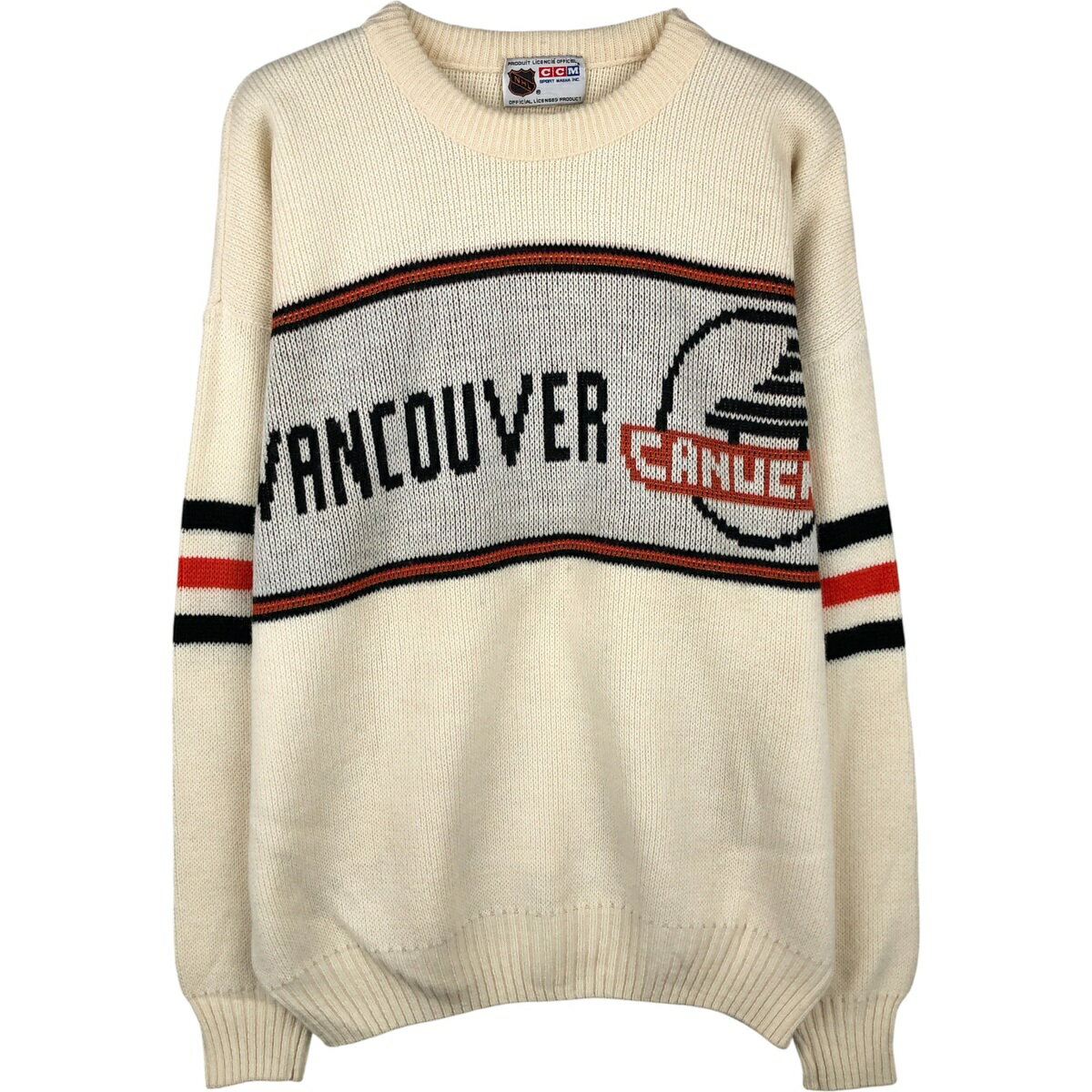商品詳細 ブランド・UNKNOWN・ 特徴・長袖・クルーネック(丸首)・ モデル/形状・NHL VANCOUVER CANUCKS バンクーバーカナックス・ニットセーター・ 素材・不明・ 色・アイボリー・オレンジ系・ 柄・ライン入り・パッチ...