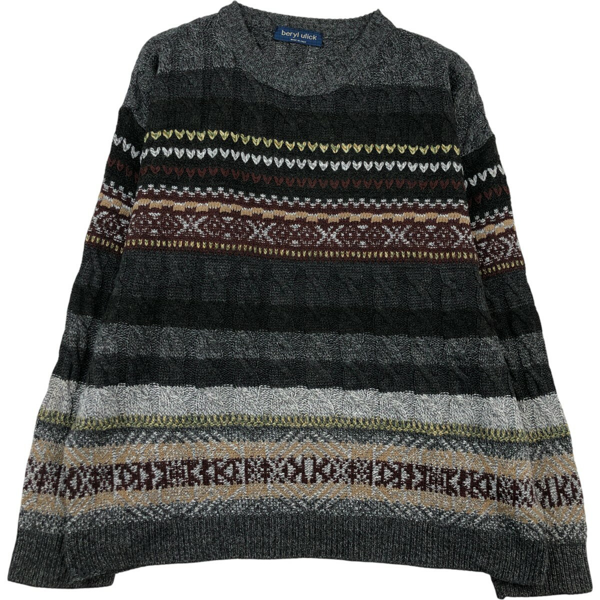 商品詳細 ブランド・beryl ulick・ 特徴・長袖・クルーネック(丸首)・ケーブル編み・ モデル/形状・ウールニットセーター・ 素材・ウール:50%・ポリエステル:50%・ 色・ブラック系 黒色・グレー系 灰色・マルチカラー・ 柄・総...