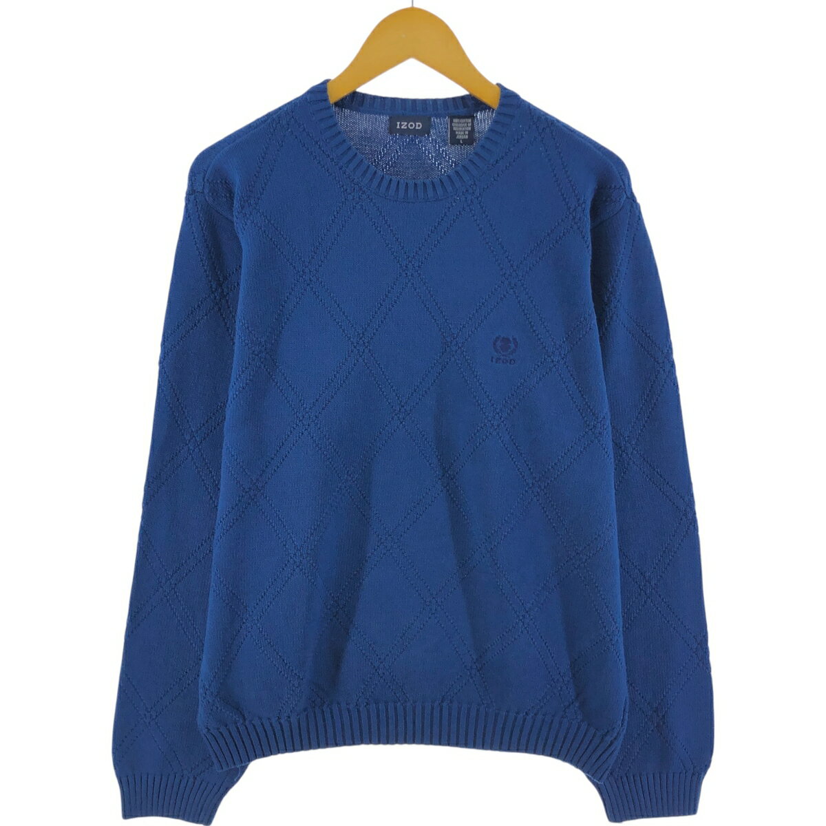 商品詳細 ブランド・IZOD・アイゾッド・ 特徴・長袖・クルーネック(丸首)・ モデル/形状・コットンニットセーター・ 素材・コットン:100%・ 色・ブルー系 青色・ 柄・無地・ 生産国・ヨルダン製・ 年代 サイズ・表記サイズ:L・着丈:...