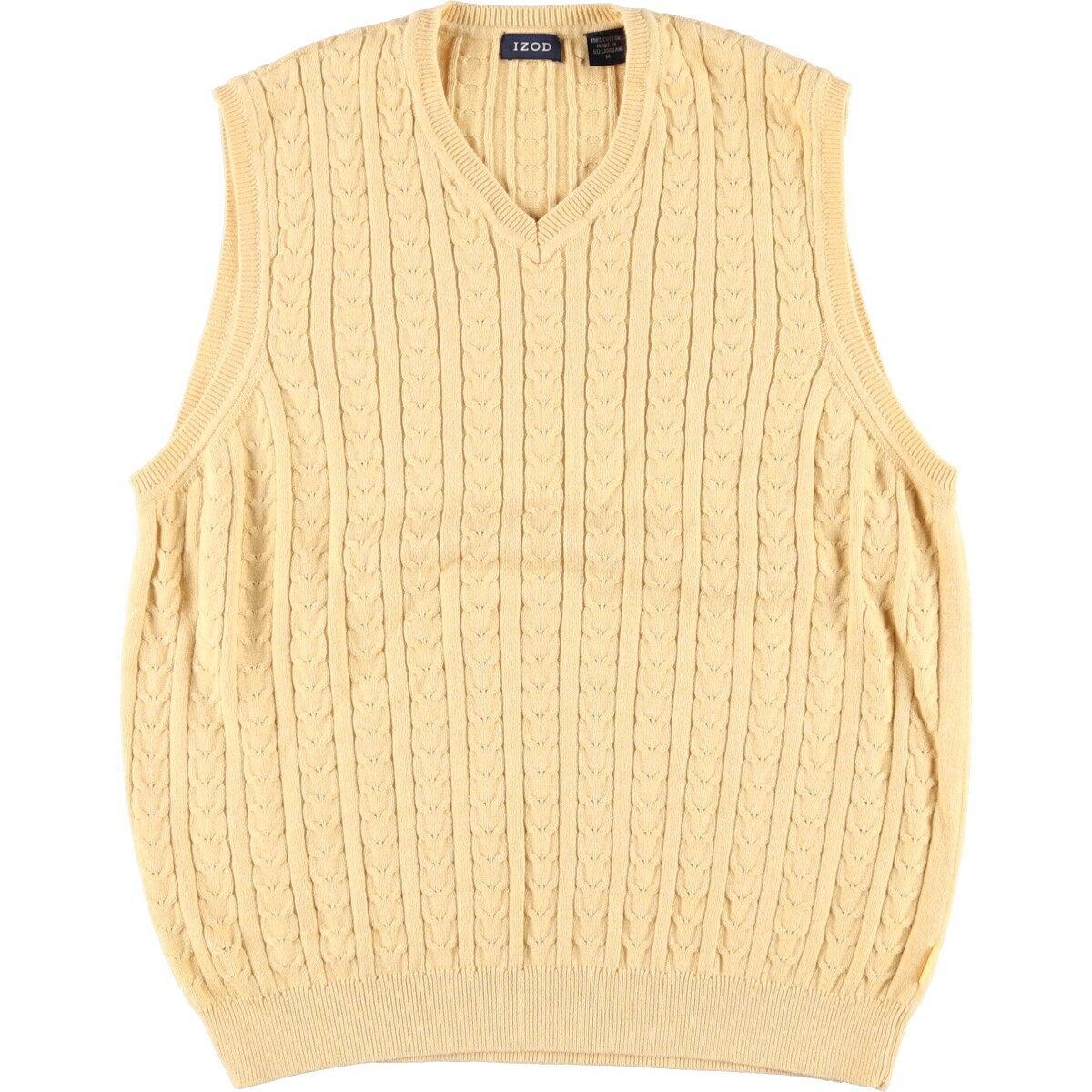 商品詳細 ブランド・IZOD・ 特徴・Vネック・ケーブル編み・ モデル/形状・Vネック コットンニットベスト・ 素材・コットン:100%・ 色・イエロー系 黄色・ 柄・無地・ 生産国・ヨルダン製・ 年代 サイズ・表記サイズ:M・着丈:65....