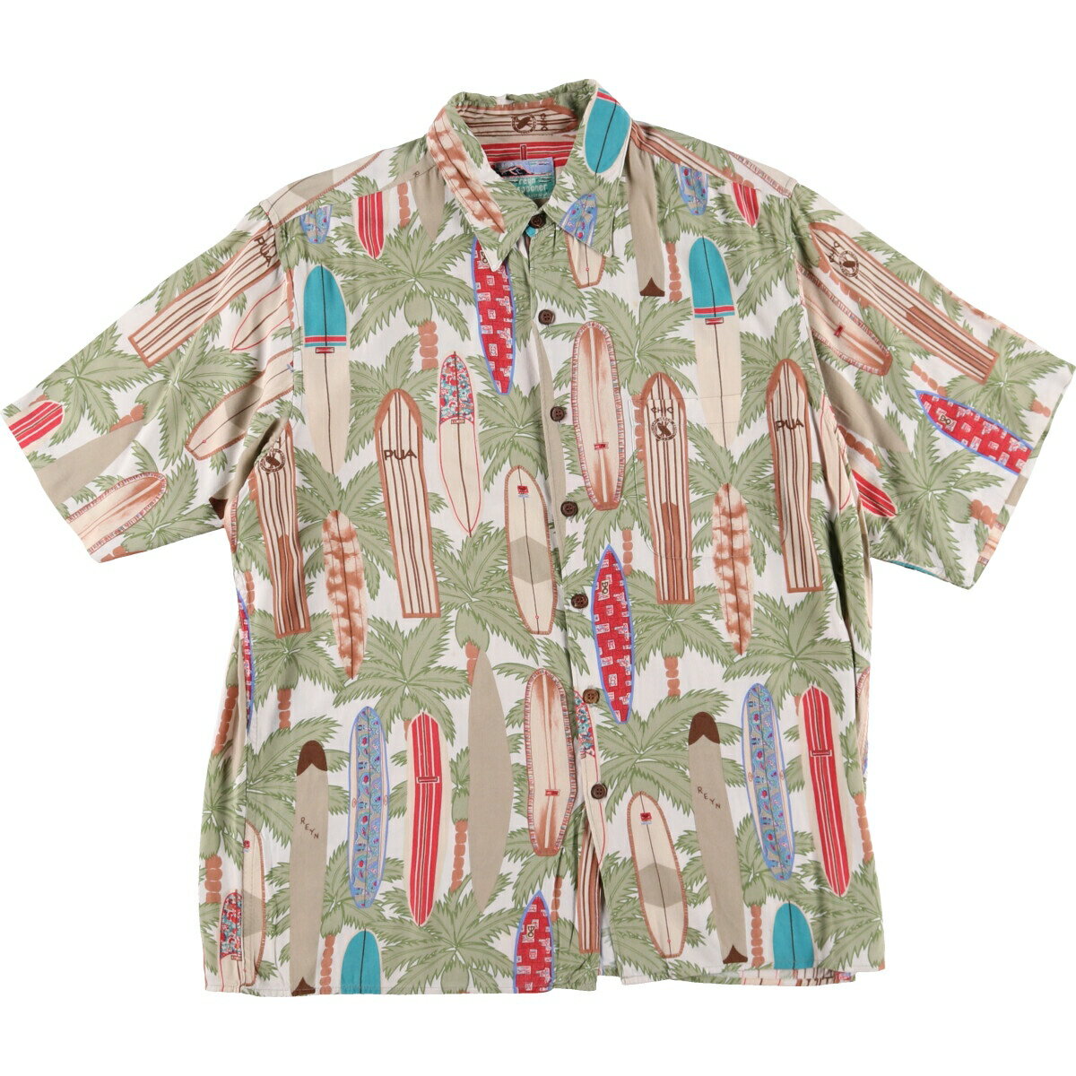 商品詳細 ブランド・REYNSPOONER・レインスプーナー・ 特徴・レギュラーカラー・半袖・ヴィンテージ・サーフボード柄・ モデル/形状・ダイヤモンドヘッドタグ・レーヨン ハワイアンアロハシャツ・ 素材・不明・ 色・グリーン系 緑色・ベー...