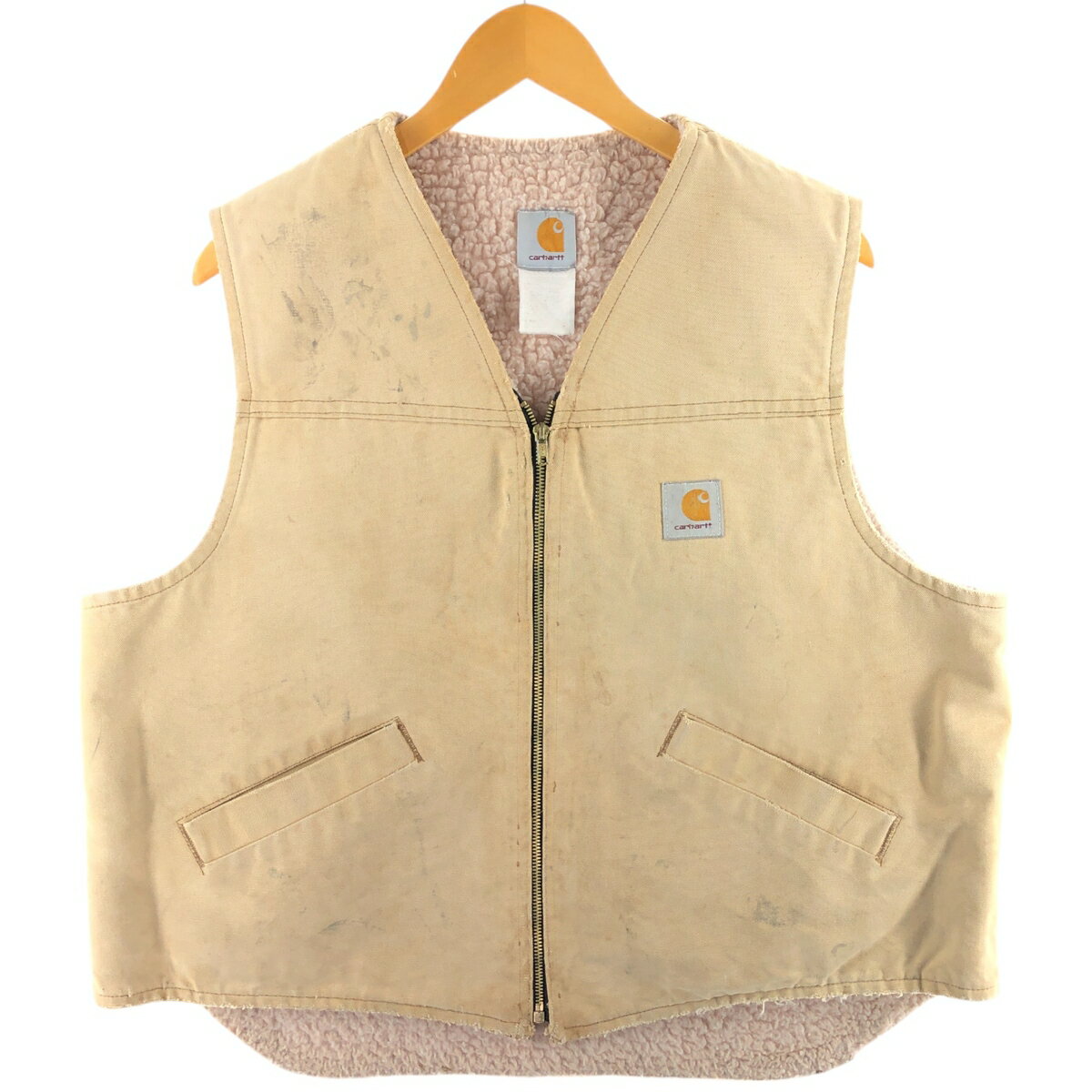 商品詳細 ブランド・Carhartt・カーハート・ 特徴・フルジップ・ボアライナー・ユニオンチケット付き・ モデル/形状・ダックベスト・ 素材・不明・ 色・ベージュ系・ 柄・無地・ロゴパッチ・ 生産国・USA製・ 年代 サイズ・メンズM・表...