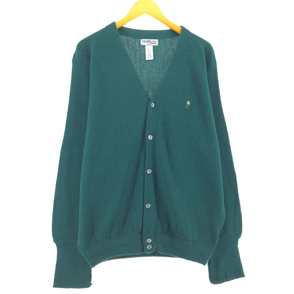 商品詳細 ブランド・PENGUIN・ 特徴・長袖・ モデル/形状・アクリルニットカーディガン・ 素材・アクリル:100%・ 色・グリーン系 濃緑・ 柄・無地・ワンポイント・ 生産国・USA製・ 年代 サイズ・表記サイズ:XL・着丈:68cm...