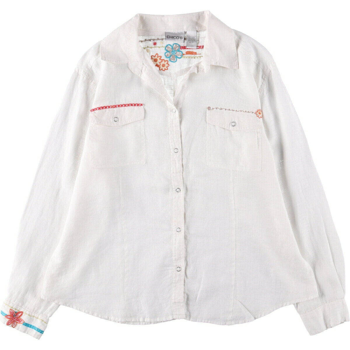 商品詳細 ブランド・CHICO'S・ 特徴・オープンカラー・長袖・スナップボタン・ モデル/形状・長袖 リネンシャツ・ 素材・リネン:100%・ 色・ホワイト系 白色・ 柄・刺繍・花柄・ 生産国・中国製・ 年代 サイズ・レディースL・表記サ...