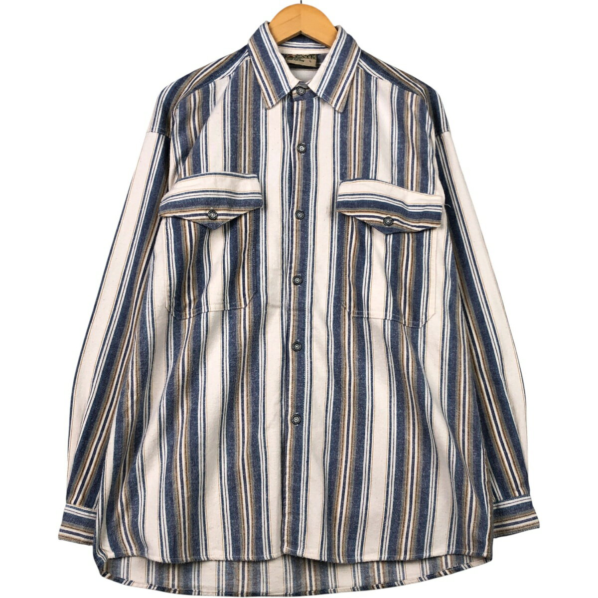 商品詳細 ブランド・LA GATE・ 特徴・厚手・レギュラーカラー・長袖・ モデル/形状・JEANS・長袖 ライトネルシャツ・ 素材・コットン:100%・ 色・ベージュ系・ブルー系 青色・マルチカラー・ 柄・ストライプ柄・ 生産国・USA製...