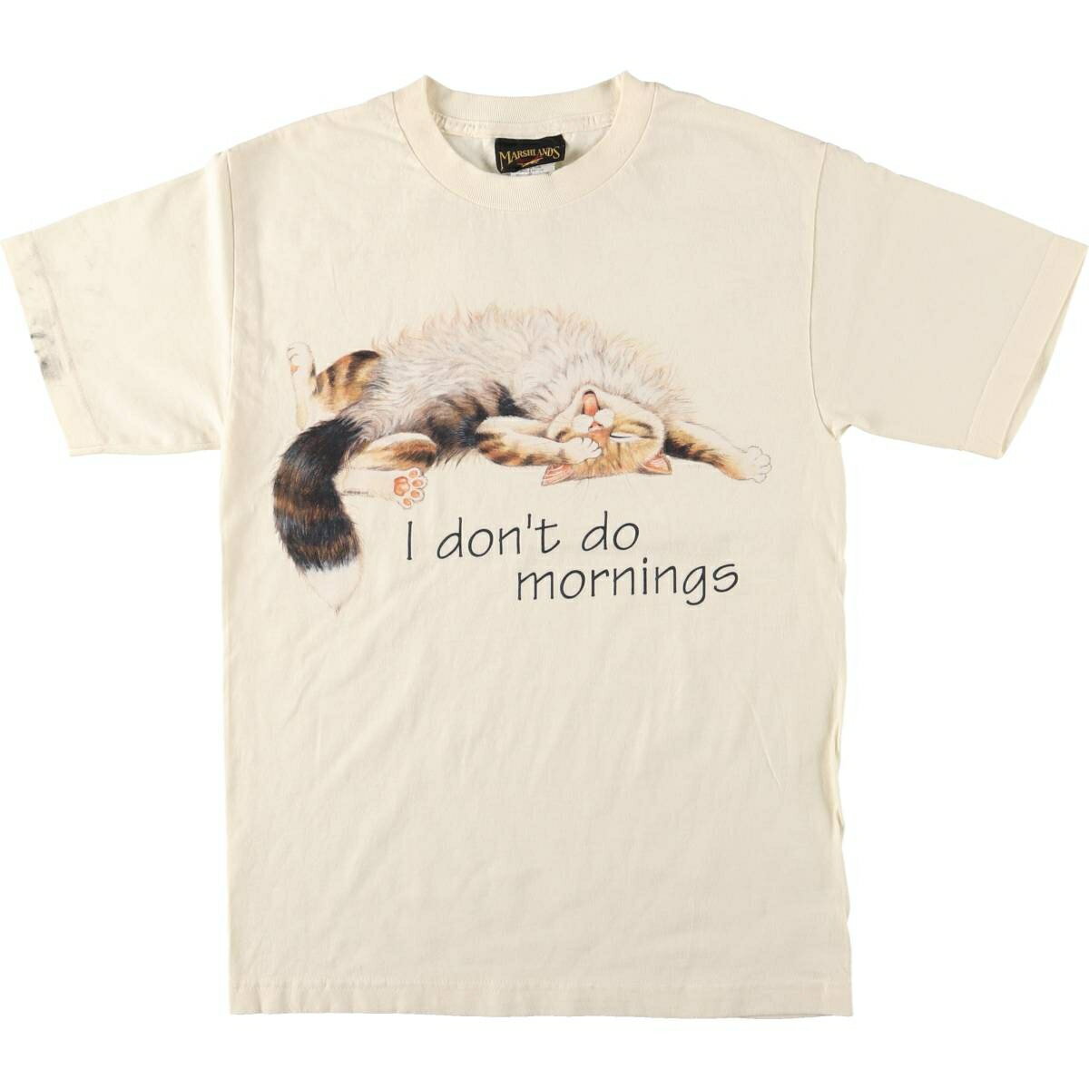 商品詳細 ブランド・MARSHLANDS・ 特徴・クルーネック(丸首)・半袖・ モデル/形状・アニマルTシャツ・ 素材・コットン:100%・ 色・アイボリー・ 柄・プリント・アニマル柄・ネコ柄・ 生産国・メキシコ製・ 年代・00年代・ サイ...