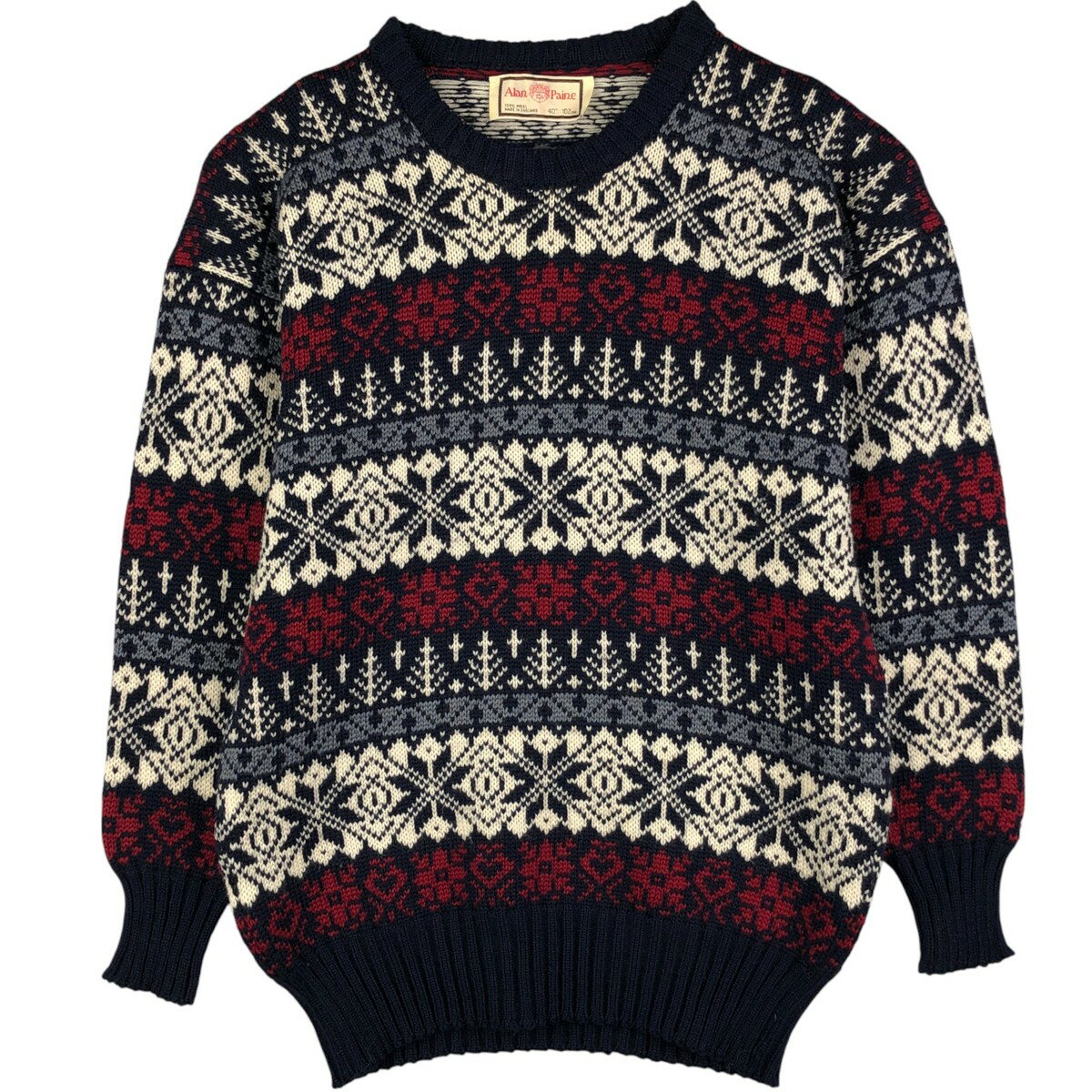 商品詳細 ブランド・Alan Paine・ 特徴・長袖・クルーネック(丸首)・ヴィンテージ・ モデル/形状・ノルディックセーター・ 素材・ウール:100%・ 色・ネイビー系 紺色・マルチカラー・ 柄・スノー柄 雪柄・ 生産国・英国製・ 年代...
