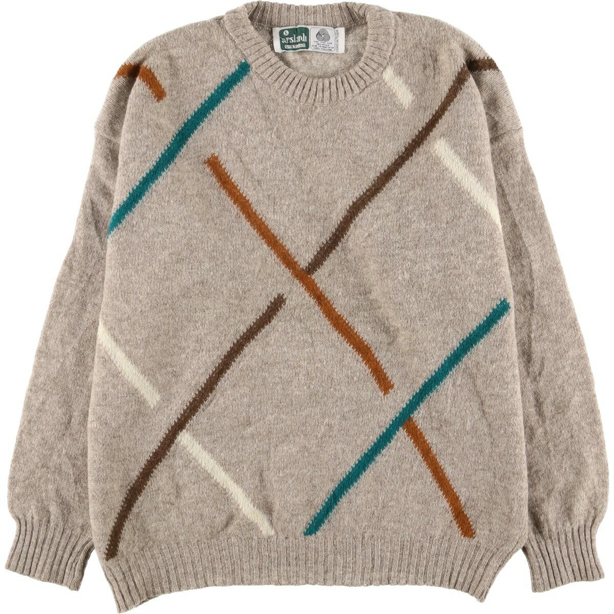 商品詳細 ブランド・arslanh・ 特徴・長袖・クルーネック(丸首)・ モデル/形状・ウールニットセーター・ 素材・ウール:100%・ 色・ベージュ系・マルチカラー・ 柄・総柄・ 生産国・不明・ 年代 サイズ・メンズL・表記サイズ:L・着...