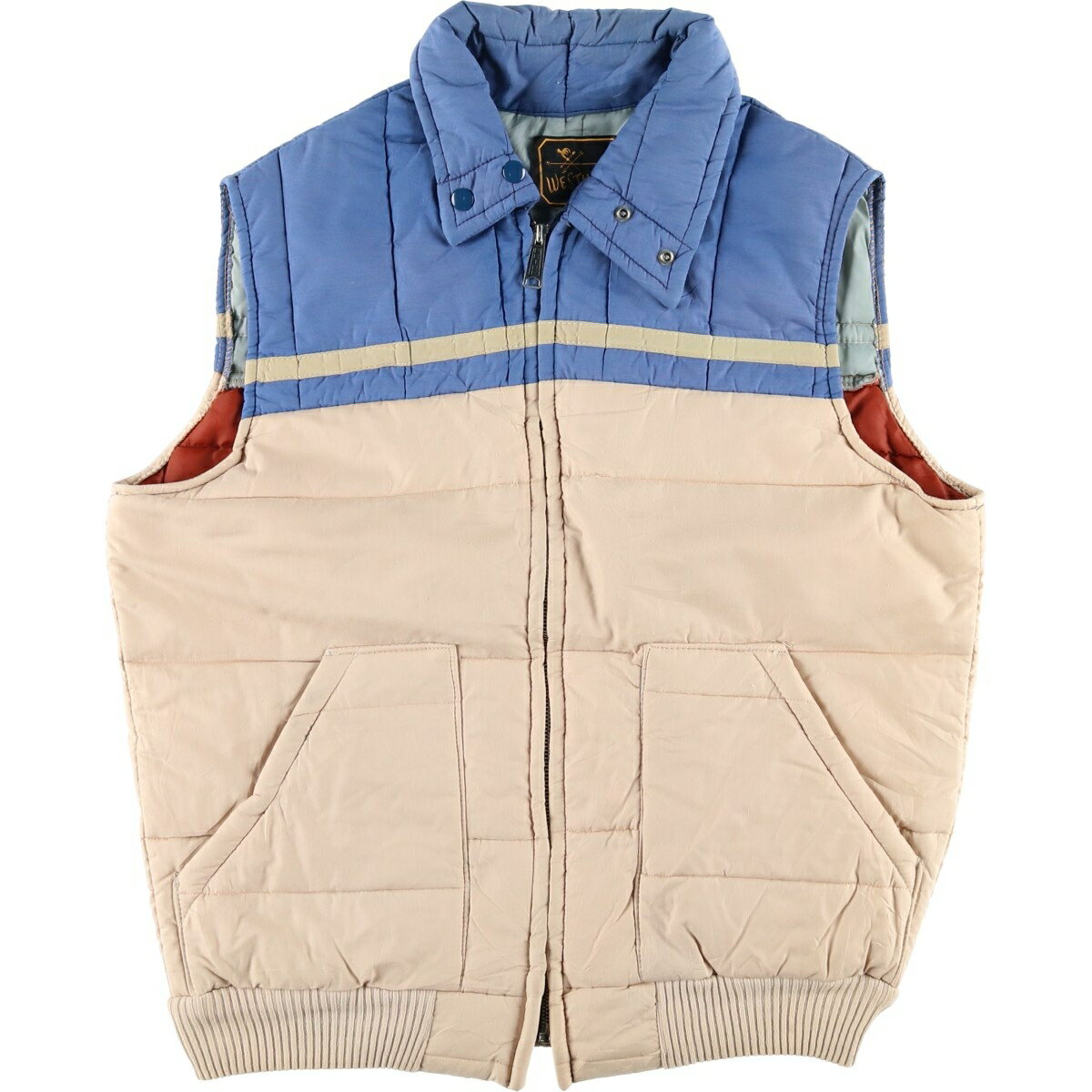 商品詳細 ブランド・WESTWING・ 特徴・厚手・ヴィンテージ・フルジップ・PRIDEジップ・ モデル/形状・中綿ベスト・ 素材・不明・ 色・ブルー系 青色・アイボリー・ 柄・ライン入り・ 生産国・USA製・ 年代・70年代・ サイズ・メ...