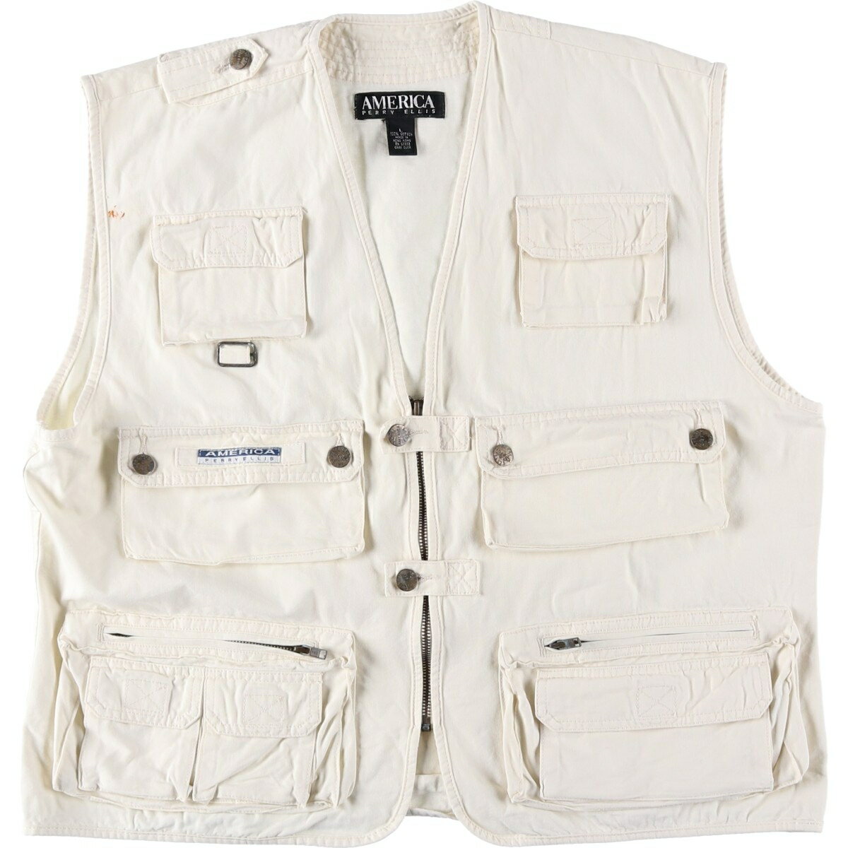 商品詳細 ブランド・PERRY ELLIS・ペリーエリス・ 特徴・薄手・フルジップ・多ポケット・ゲームポケット・エポレット付き・ モデル/形状・AMERICA・フィッシングベスト・ 素材・コットン:100%・ 色・生成り・ 柄・ロゴパッチ・...