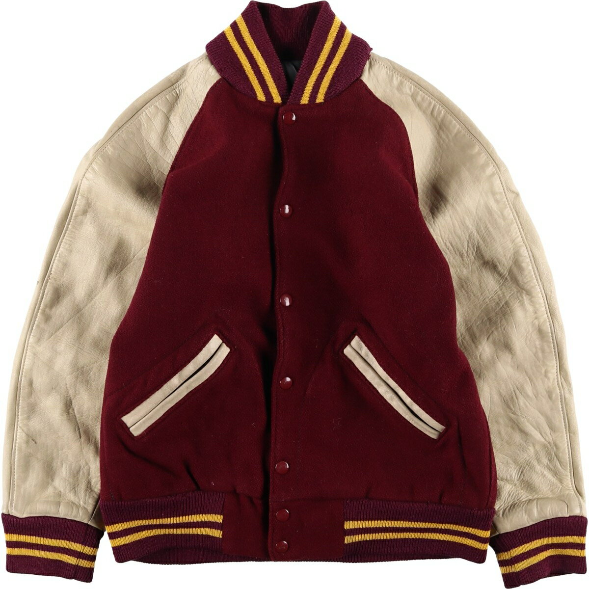 商品詳細 ブランド・CAPLAN'S SPORT SHOP・ 特徴・スナップボタン・短丈 ショート丈・長袖・ヴィンテージ・ラインリブ・ モデル/形状・袖革ウールボタンスタジャン バーシティジャケット・ 素材・不明・ 色・ワインレッド・アイボ...