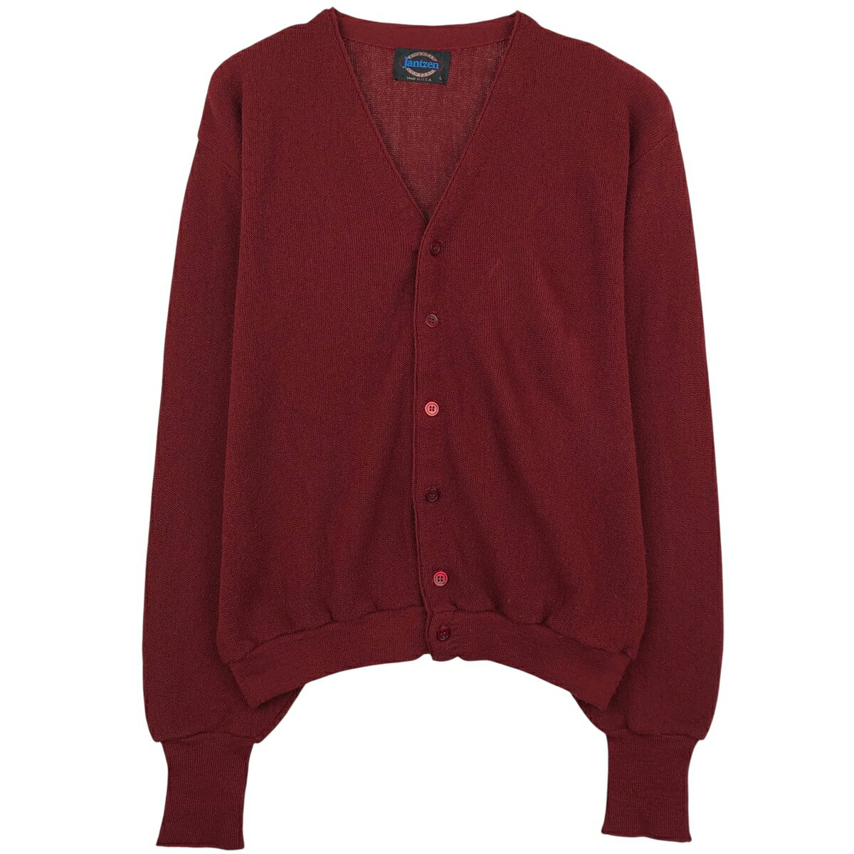 商品詳細 ブランド・Jantzen・ジャンセン・ 特徴・長袖・ヴィンテージ・ モデル/形状・アクリルニットカーディガン・ 素材・不明・ 色・ボルドー・ 柄・無地・ 生産国・USA製・ 年代・80年代・ サイズ・メンズL・表記サイズ:L・着丈...