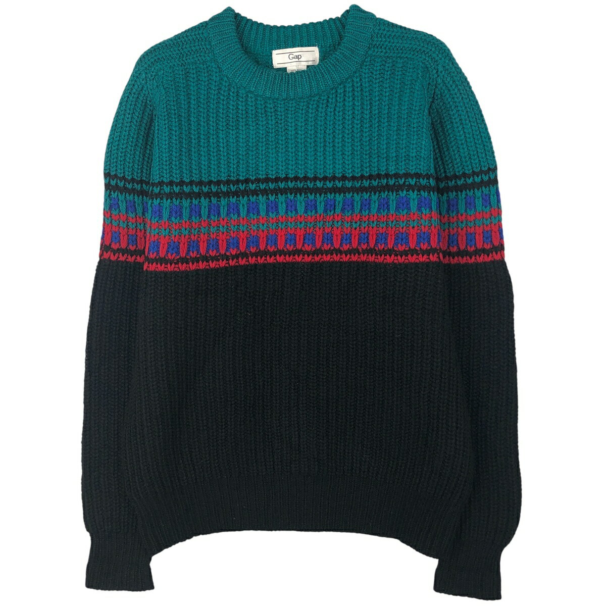 商品詳細 ブランド・GAP・ギャップ・ 特徴・クルーネック(丸首)・長袖・ヴィンテージ・ラグランスリーブ・リブ編み・ モデル/形状・オールドギャップ・ウールニットセーター・ 素材・ウール:100%・ 色・エメラルドグリーン・ブラック系 黒色...