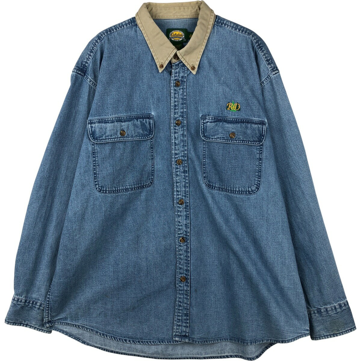 商品詳細 ブランド・Cabelas・カベラス・ 特徴・薄手・ボタンダウン・長袖・ヴィンテージ・エルボーパッチ・ モデル/形状・長袖 ボタンダウンデニムシャツ・ 素材・コットン:100%・ 色・ブルー系 青色・ 柄・無地・ワンポイント・ 生産...
