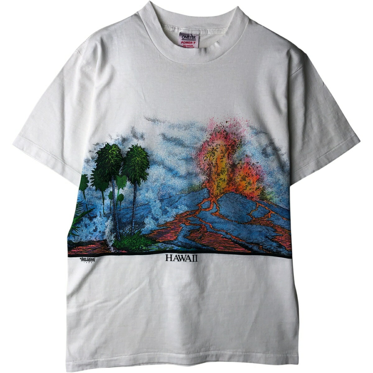 商品詳細 ブランド・ONEITA・オニータ・ 特徴・クルーネック(丸首)・半袖・シングルステッチ・大判プリント・San Segal Hawaii サン セガール ハワイ・ モデル/形状・POWER-T・プリントTシャツ・ 素材・コットン:1...