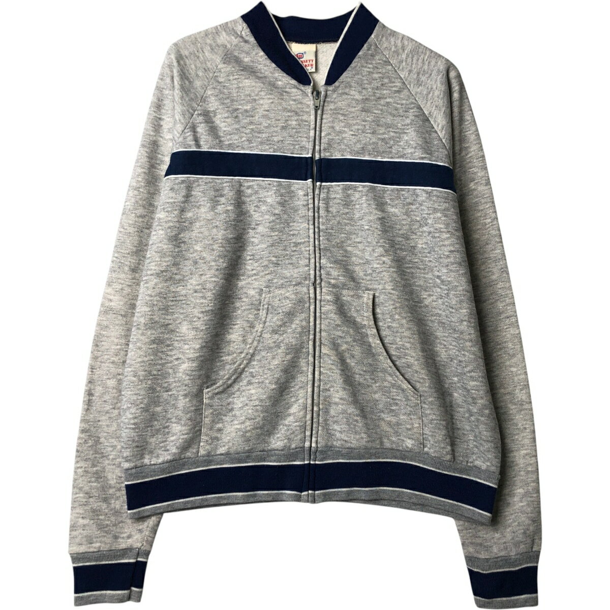 商品詳細 ブランド・BASSETT WALKER・ 特徴・フルジップ・長袖・ラグランスリーブ・ヴィンテージ・ モデル/形状・フルジップスウェットシャツ トレーナー・ 素材・不明・ 色・グレー系 灰色・ネイビー系 紺色・ 柄・ライン入り・ 生...