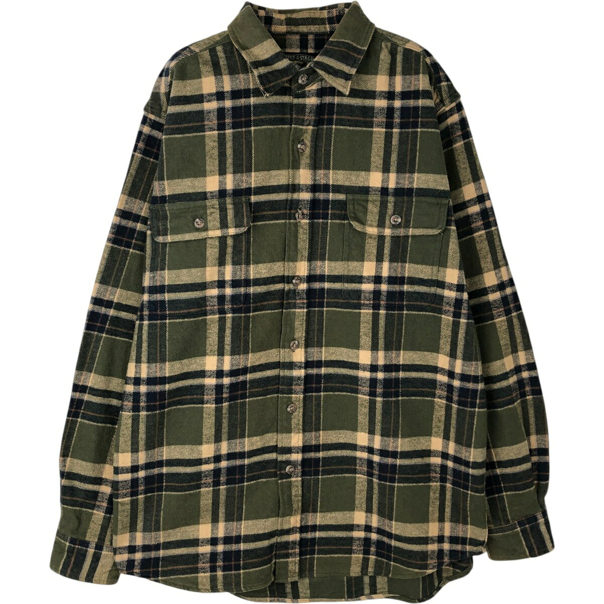 商品詳細 ブランド・FIELD&STREAM・フィールドアンドストリーム・ 特徴・厚手・レギュラーカラー・長袖・フラップポケット・ヴィンテージ・ モデル/形状・長袖 ヘビーネルチェックシャツ・ 素材・コットン:100%・ 色・カーキ系・ベー...