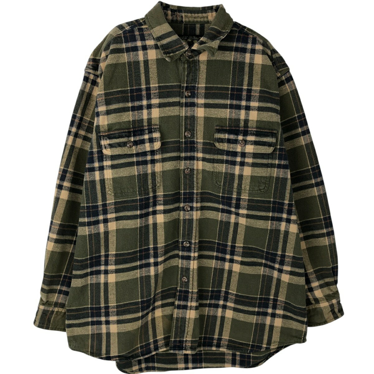 商品詳細 ブランド・FIELD&STREAM・フィールドアンドストリーム・ 特徴・厚手・レギュラーカラー・長袖・フラップポケット・ヴィンテージ・ モデル/形状・長袖 ヘビーネルチェックシャツ・ 素材・コットン:100%・ 色・カーキ系・ベー...