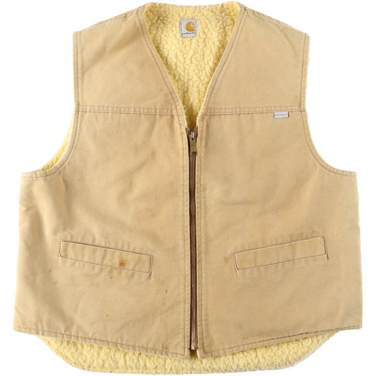 商品詳細 ブランド・Carhartt・カーハート・ 特徴・厚手・フルジップ・ボアライナー・ヴィンテージ・ モデル/形状・ダックベスト・ 素材・コットン:100%・ 色・ベージュ系・ 柄・無地・ロゴパッチ・ 生産国・USA製・ 年代・90年代...