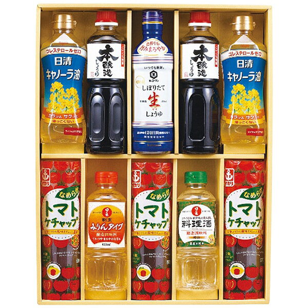●商品名/キッコーマン ＆ 調味料 バラエティセット KSM-70A●商品内容/日清キャノーラ油350g・サンビシ本醸造しょうゆ500ml×各2、キッコーマンいつでも新鮮しぼりたて生しょうゆ450ml・日の出料理酒・日の出割烹みりんタイプ各...