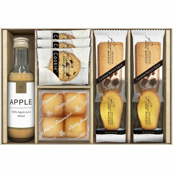 ●商品名/パティスリー プチメルシ フルーツジュース ＆ ガトー PMF-25●商品内容/フルーツドリンク(アップル)180ml×1、ナッツとチョコのざっくりクッキー×3、プチフィナンシェ4個入(プレーン)×1、キャラメルレーズンサンド×2...