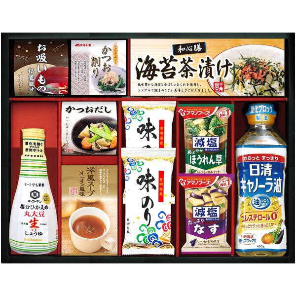 ●商品名/日清キャノーラ油 & アマノフーズ バラエティ ギフトセット CA-50●商品内容/日清キャノーラ油400g、アマノフーズ減塩いつものおみそ汁なす9g、アマノフーズ減塩いつものおみそ汁ほうれん草6.8g、丸美屋洋風スープオニオン風...