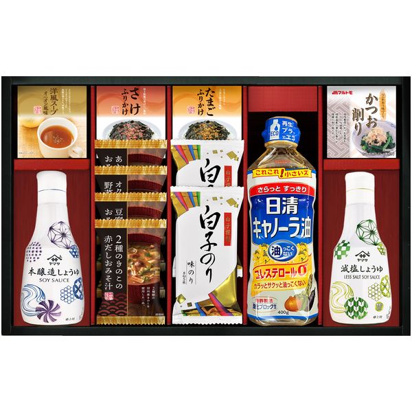 ●商品名/ヤマサ 鮮度しょうゆ & フリーズドライ バラエティ ギフトセット CR-50●商品内容/ヤマサ鮮度しょうゆ200ml、ヤマサ鮮度減塩しょうゆ200ml、とうふと油揚げのおみそ汁、2種のきのこの赤だしおみそ汁、あおさとわかめのおみ...