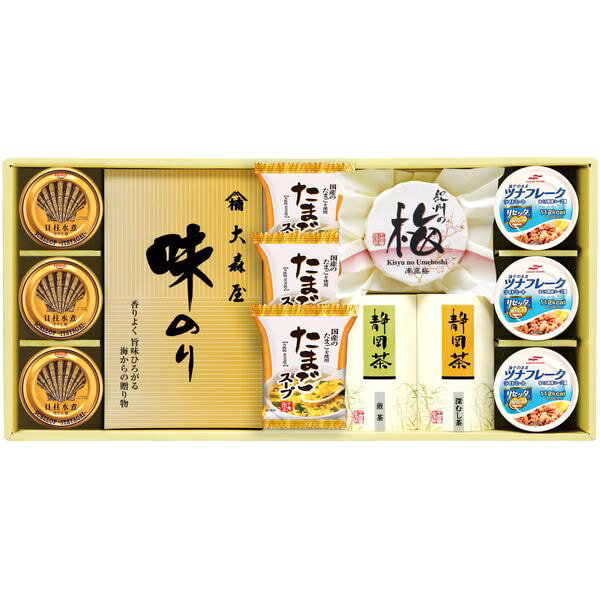 ●商品名/香味彩々 大森屋 味付のり 惣菜 詰め合わせ ギフトセット NK-803●商品内容/大森屋味のり(8切8枚×2)、静岡煎茶40g、静岡深蒸し茶40g、紀州南高梅80g(塩分約8%)、マルハニチロ 油そのままライトツナリセッタ70g...