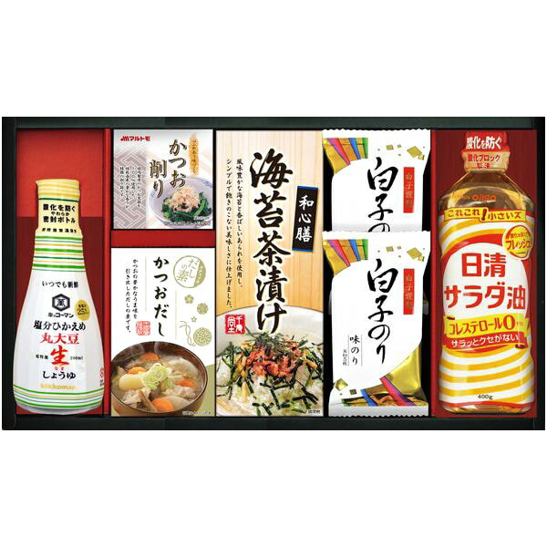 ●商品名/キッコーマン 塩分ひかえめ生しょうゆ 詰め合わせ ギフトセット OR-352●商品内容/キッコーマン塩分ひかえめ丸大豆生しょうゆ200ml、マルトモかつおパック(0.7g×3)、かね七かつおだし(4g×5)、海苔茶漬け(6g×5)...