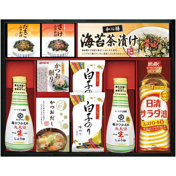 ●商品名/キッコーマン 塩分ひかえめ生しょうゆ 詰め合わせ ギフトセット OR-502●商品内容/キッコーマン塩分ひかえめ丸大豆生しょうゆ200ml×2、マルトモかつおパック(0.7g×3)、かね七かつおだし(4g×5)、海苔茶漬け(6g×...