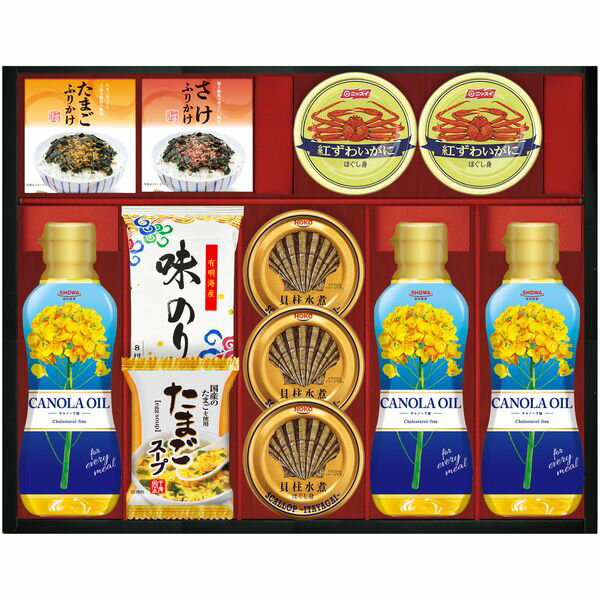 ●商品名/SHOWA キャノーラ油 & のり たまごスープ 詰め合わせ ギフトセット SOC-100●商品内容/キャノーラ油 300g×3、有明海産味付のり(8切5枚)×1、たまごスープ6.4g×1、たまごふりかけ(2.5g×3)、さけふり...