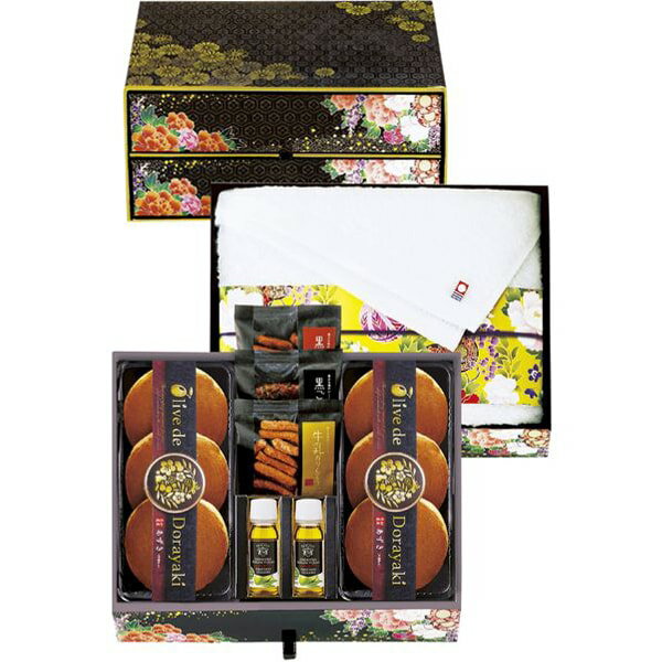 ●商品名/ミニたんす御進物 オリーブ de どら焼き Premium ODKF-EJ54●商品内容/どら焼き(あずき)×6、かりんとう(黒糖・黒胡麻・牛乳)各15g・フェイスタオル(約34×75cm)×各1、オリーブオイル18g×2●賞味期...