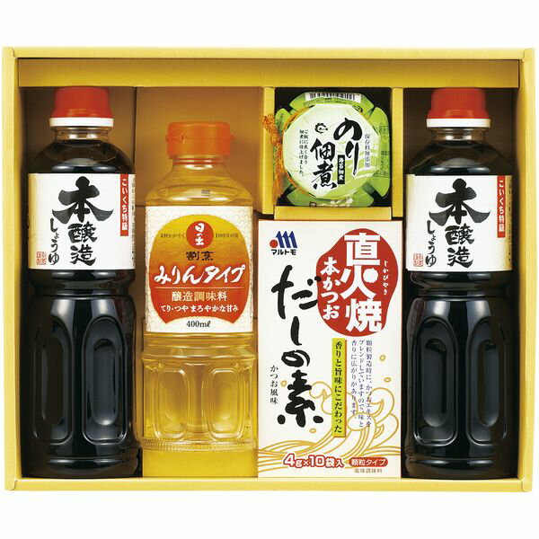 ●商品名/佃煮&調味料セット TGT-25●商品内容/サンビシ本醸造しょうゆ500ml×2、日の出割烹みりんタイプ400ml・島乃香のり佃煮80g・マルトモ直火焼本かつおだしの素(4g×10袋入)●賞味期限/製造より360日●箱サイズ/約2...