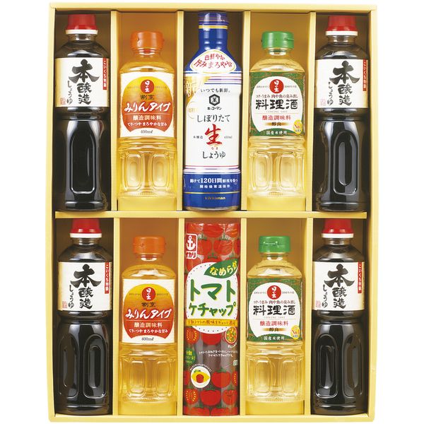 ●商品名/キッコーマン&調味料バラエティセット KSM-60N●商品内容/キッコーマンいつでも新鮮しぼりたて生しょうゆ450ml・イカリなめらかトマトケチャップ280g×各1、日の出(料理酒・割烹みりんタイプ)400ml×各2、サンビシ本醸...